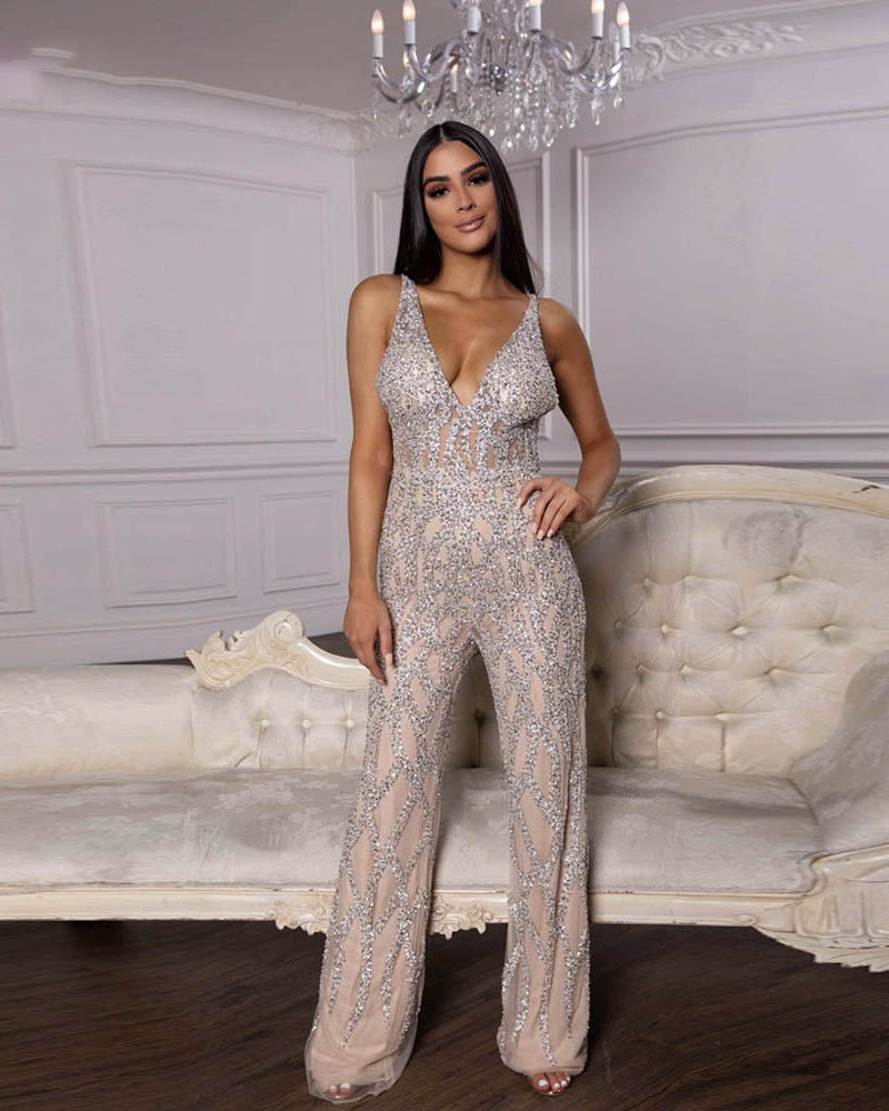 Siaoryne Luxury V Neck Nude Beading Jumpsuit Evening Formal Gowns Dres