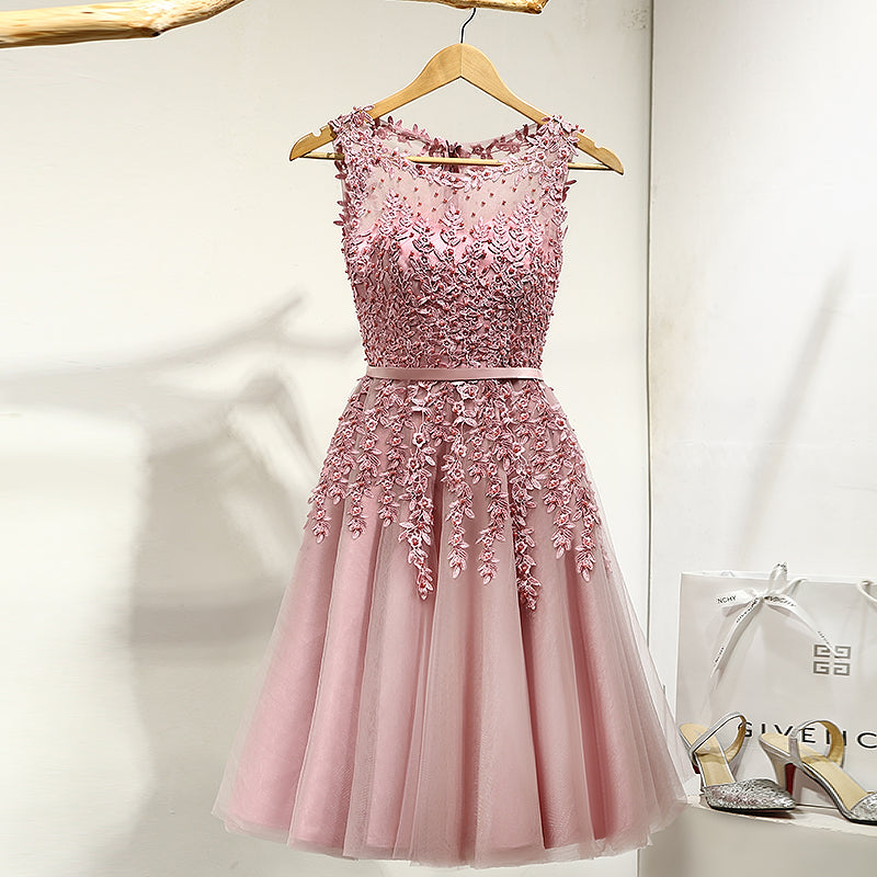 Lovely Scoop Neck Beaded Lace Short Prom Dresses 2020 Homecoming Gown ...