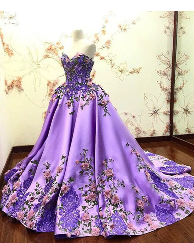 Lilac Floral Print Pattern Ball Gown Prom Party Dress,Sweetheart Weddi ...