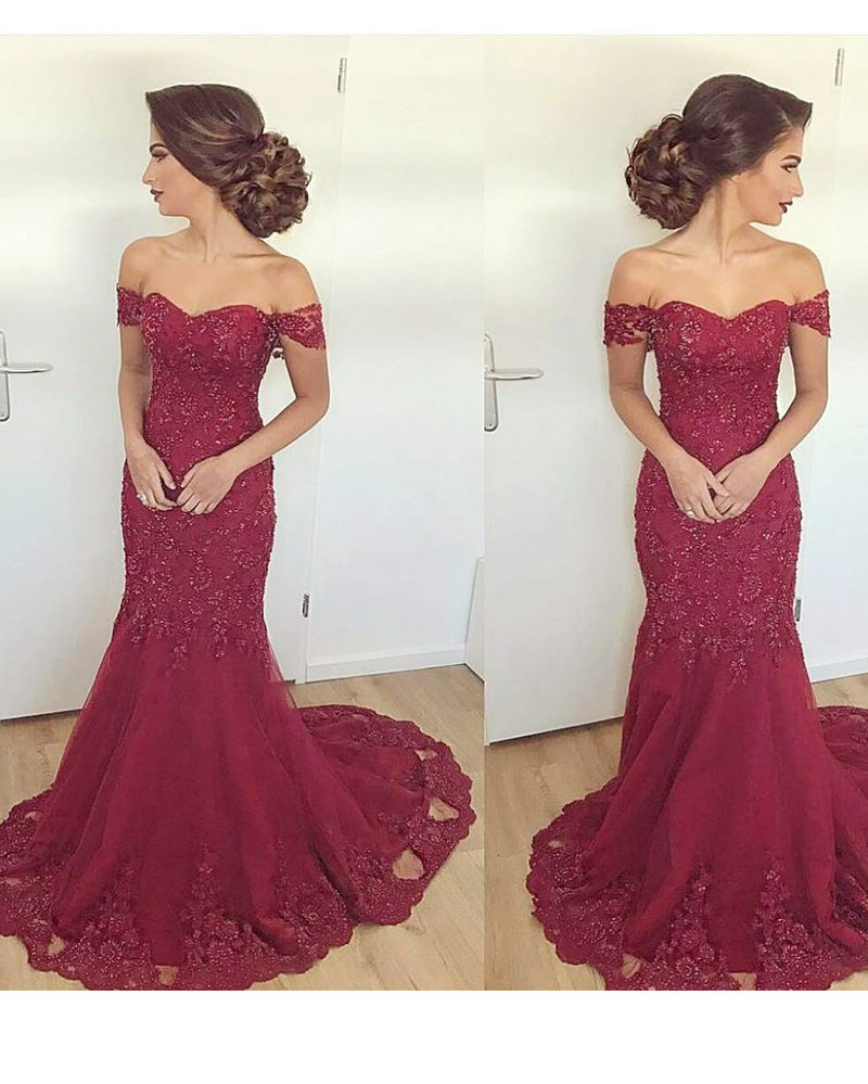 Off Shoulder Mermaid Women Burgundy Long Evening Dress with Lace Appli ...
