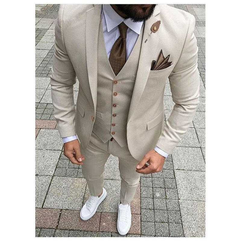Beige Casual Men Suits Prom Tuxedo Slim Fit 3 Piece Groom Style mens S ...