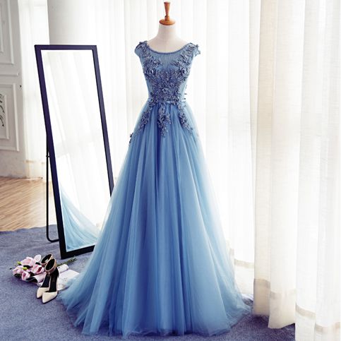 Buy Siaoryne Elegant Scoop Neck Lace Blue Long Prom Dress Graduation Gown