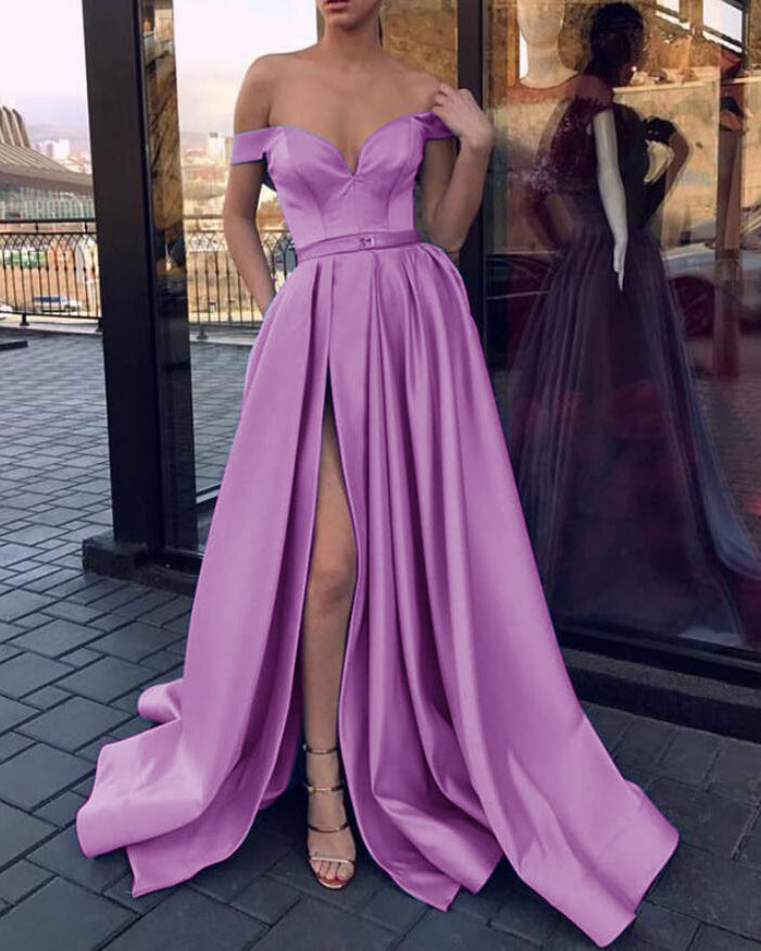 Vibrant Lemon Bright Yellow Off the Shoulder A Line High Slit Prom Dre ...