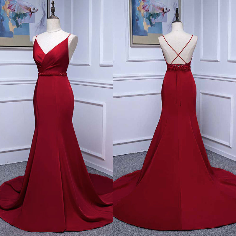 Ruby Red Mermaid Prom Dress Long Evening Party Gown for women with Bea ...