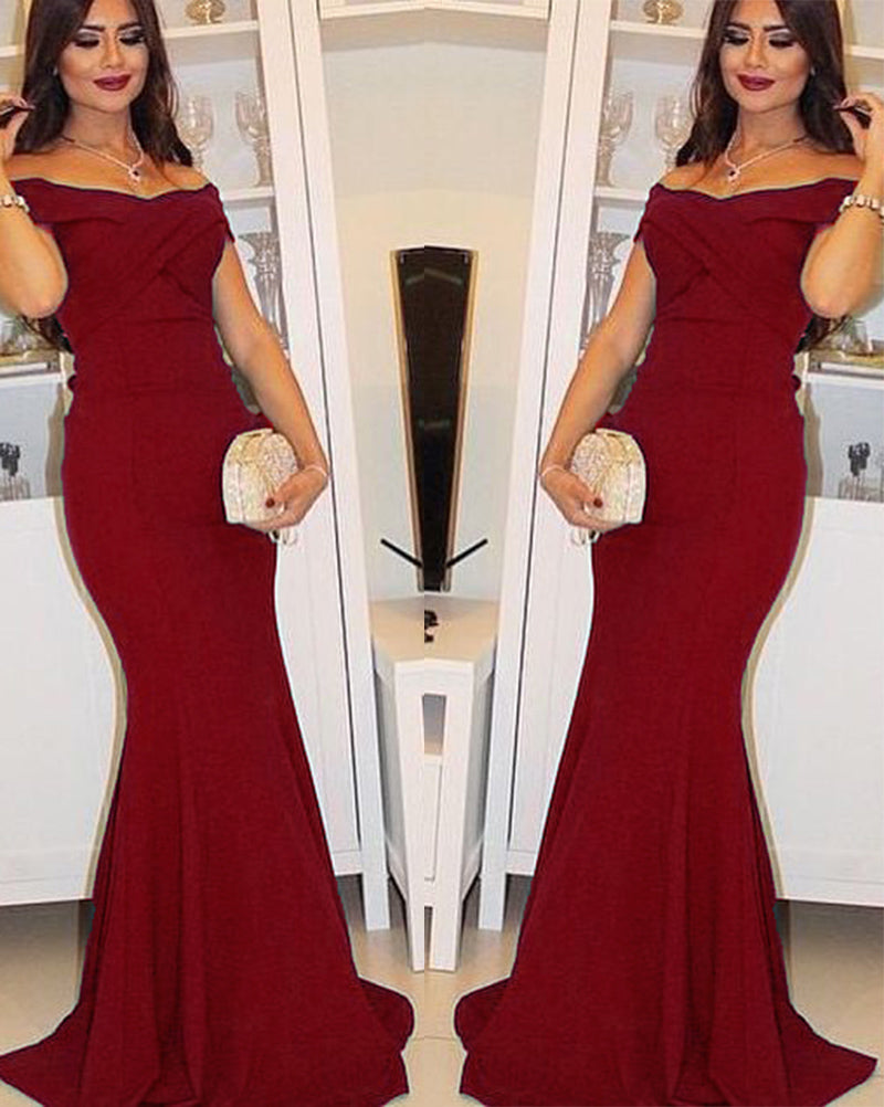 Elegant Off Shoulder Robe De Soiree Mermaid Burgundry Evening Long Dre ...