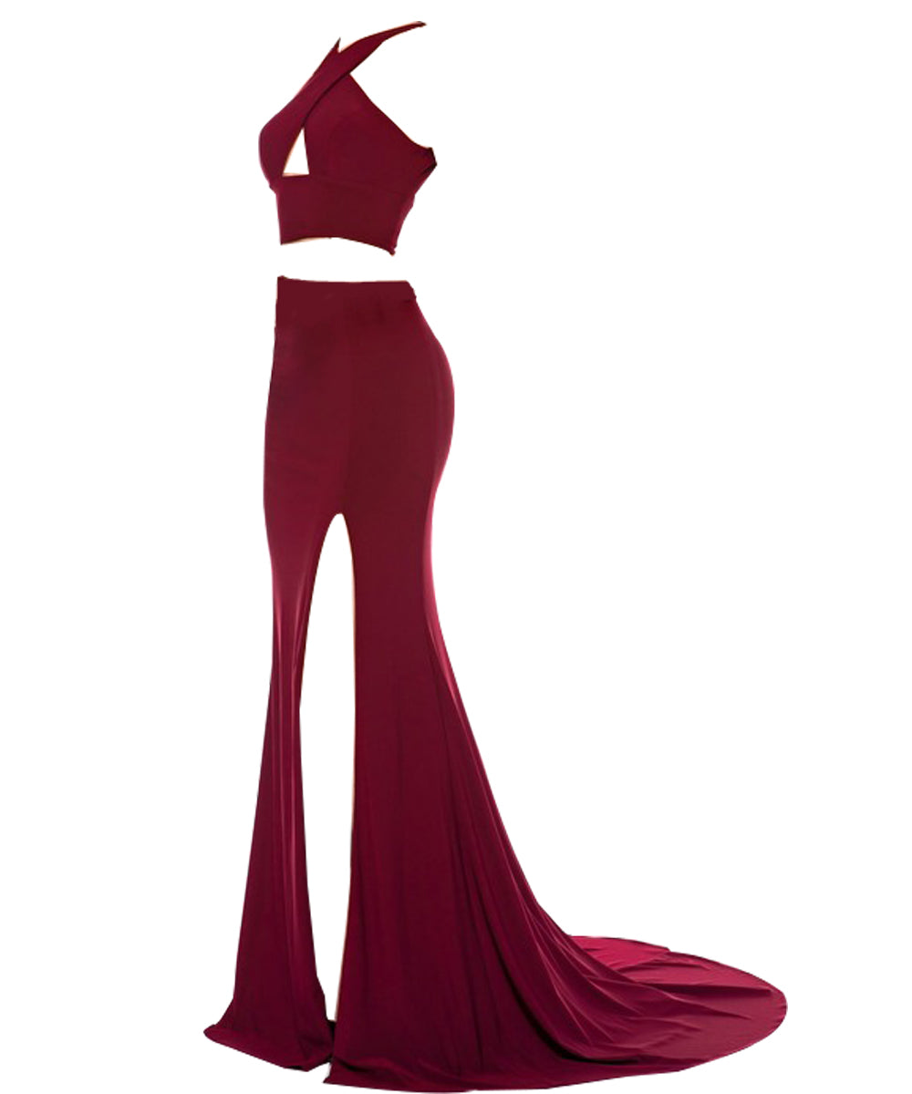 Jersey Crop Top Red Prom Dresses Sexy Halter Fitted Formal Gowns ,Even ...