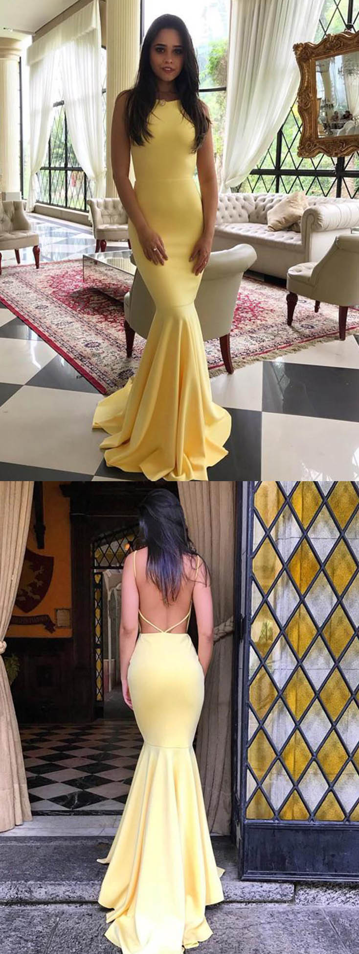 Halter Backless Bright Yellow Evening Dresses Long Fitted Formal Wear ...