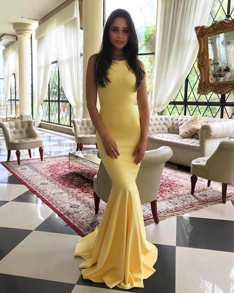 Halter Backless Bright Yellow Evening Dresses Long Fitted Formal Wear ...