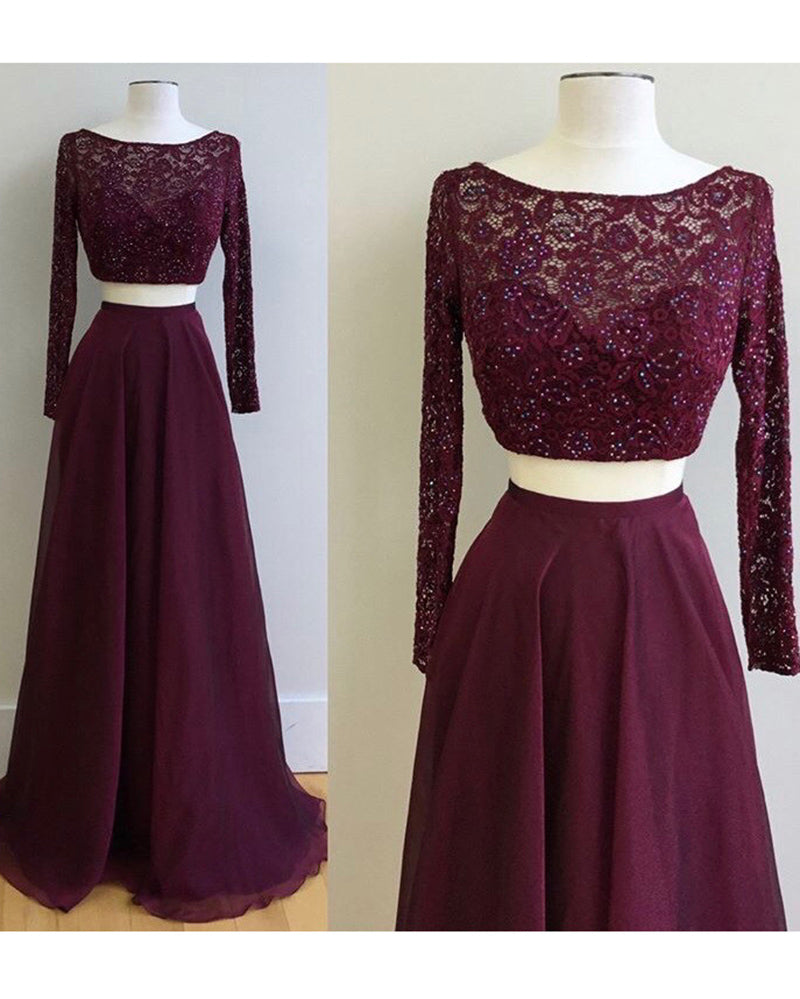 Maroon prom Dress Crop Top Long Sleeves Lace Sequins Formal Wear LP365 ...