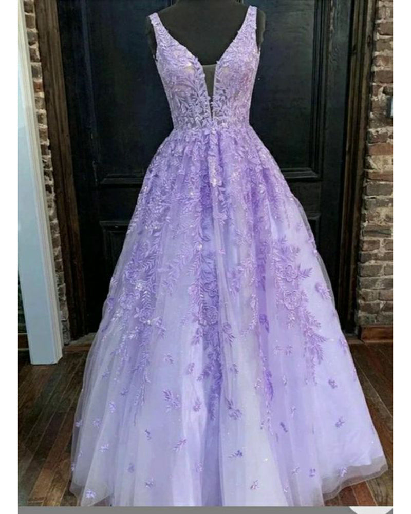 Beautiful Lace Lavender Prom Dresses V Beck Long Formal Outfits for Gi ...