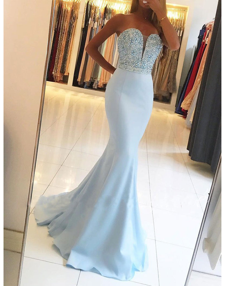 Sweetheart baby Blue Mermaid Beaded Senor Prom Dresses Long Formal Par ...