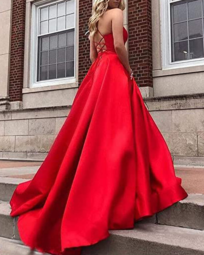 Gorgeous Red A Line Satin Long Party Prom Graduation Dress Evening Pag ...