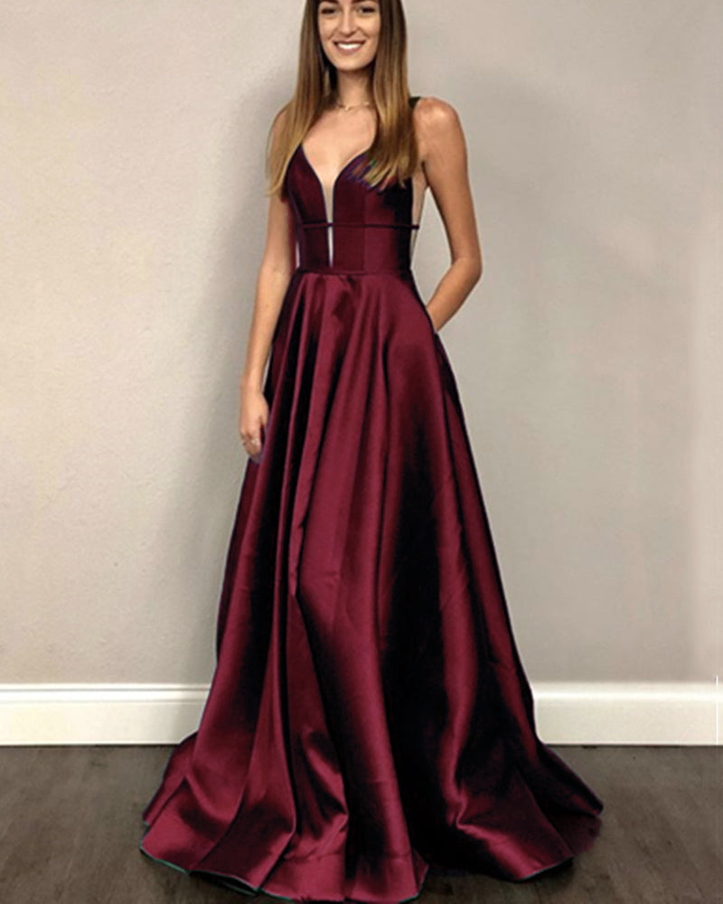 Satin V Neck Burgundy Red Maroon Gowns Long Evening Dress,Long Prom Pa ...