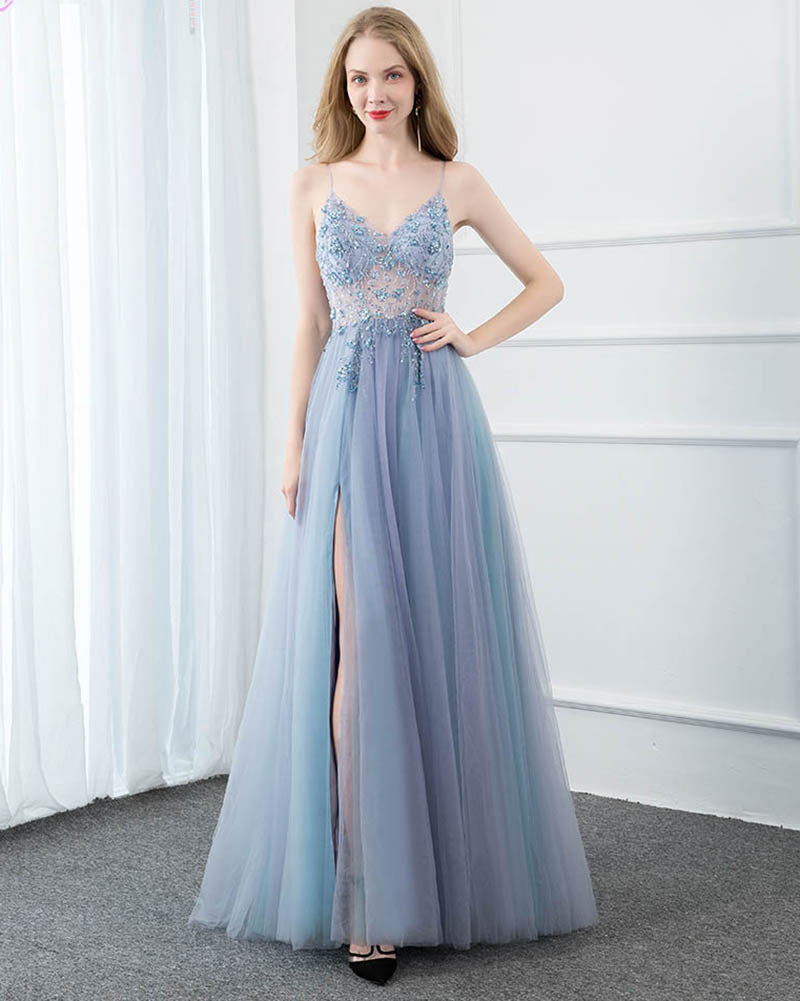 V Neck Beading Spaghetti Blue Tulle Long Graduation Dress Girls Formal ...