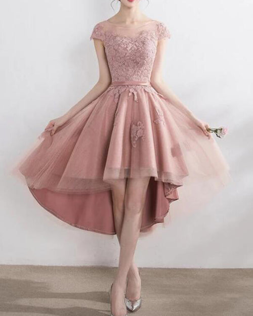Rose Pink Cap Sleeves Junior Girls Lace Prom Dress High Low 8th Grade ...
