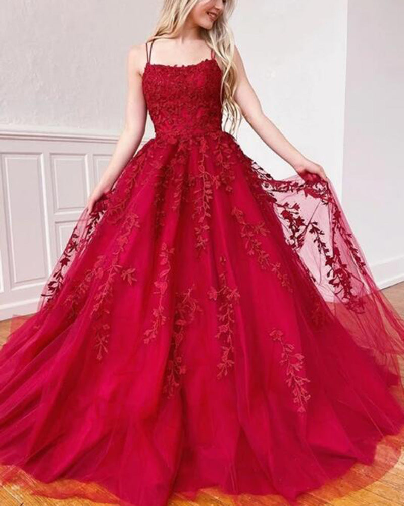 Fancy Wine Red lace Long Prom Dress with Straps Vestido De Festa Longo ...