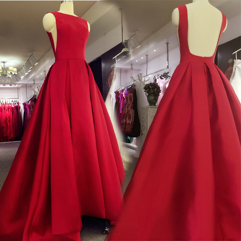 Fashion Red Boat Neck A Line Satin Prom Dresses Long Evening Formal We ...