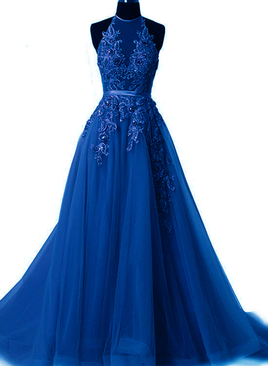 LP3285 Lotus Pink A Line Tulle Lace Halter Prom Dress ,Long Formal Gow ...