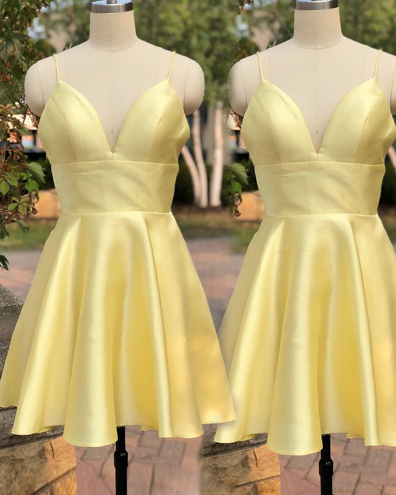 Yellow Satin Short Graduation Prom Dress ,Spaghetti Straps Homecoming ...