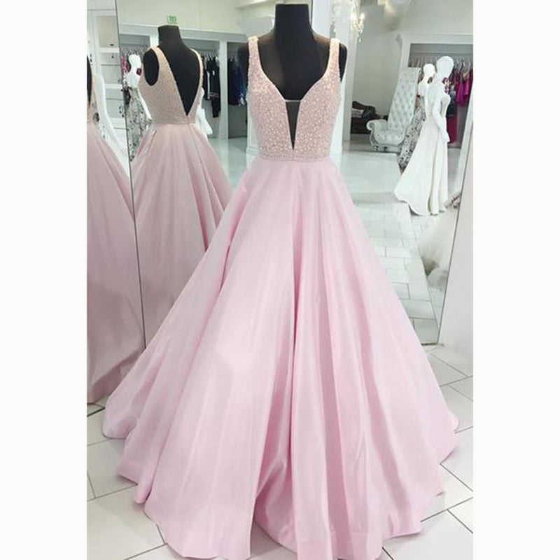 LP3381 A Line Senior Pink Prom Dress 2018 Plunge V neckline Beading Pa ...